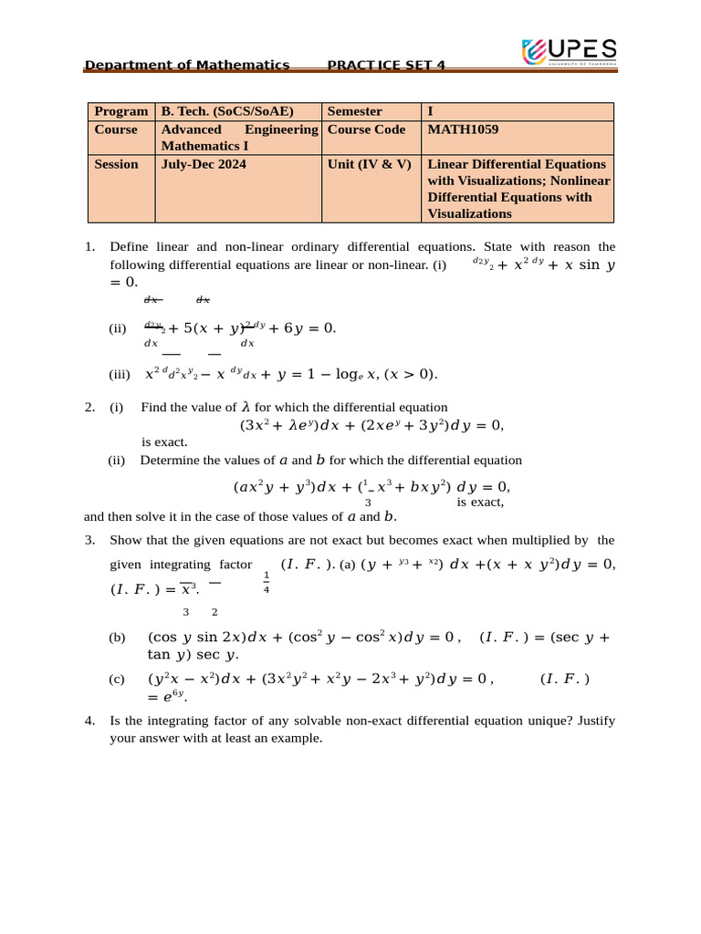 Practice Set 4 Aem I (Math1059) | PDF | Nonlinear System | Equations