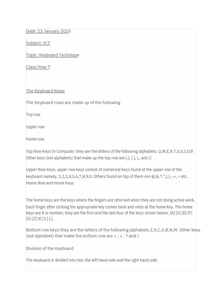 Year 7 Keyboard Technique Guide | PDF | Computer Keyboard