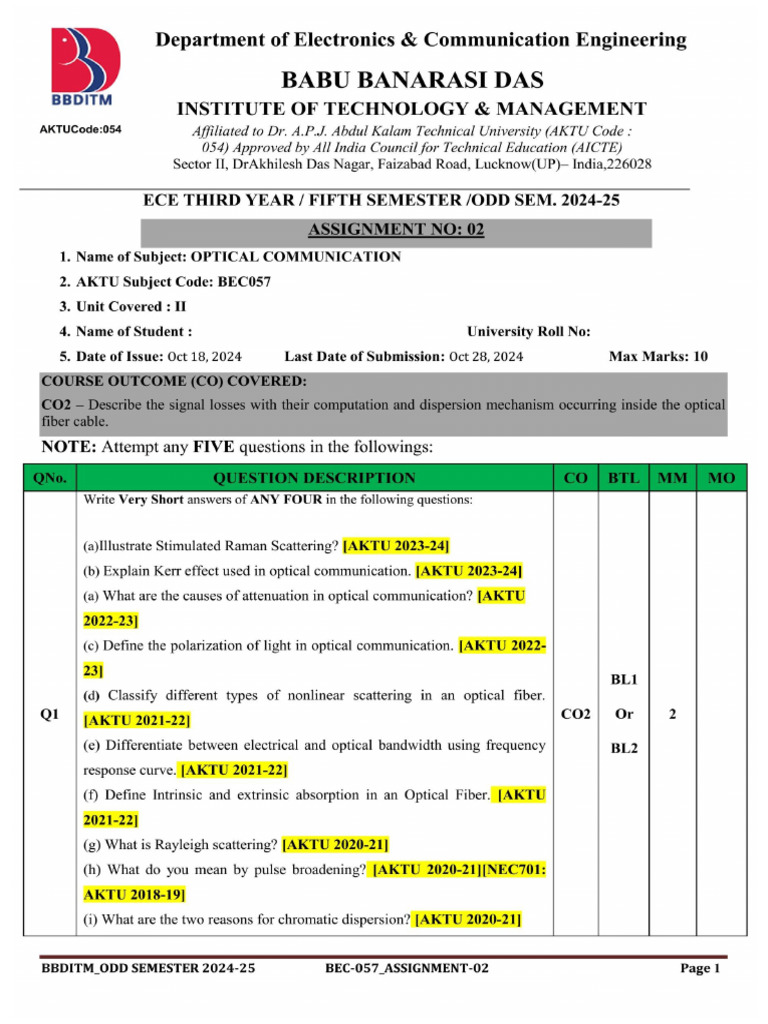 Stu 2024-25 Assignment No-02 Optical Communication (Bec-057) | PDF