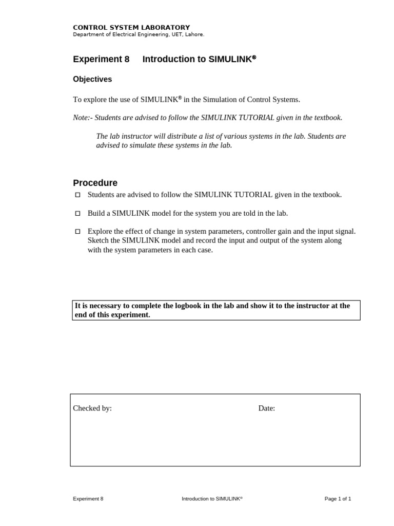Experiment 08 System Simulation using SIMULNK | PDF
