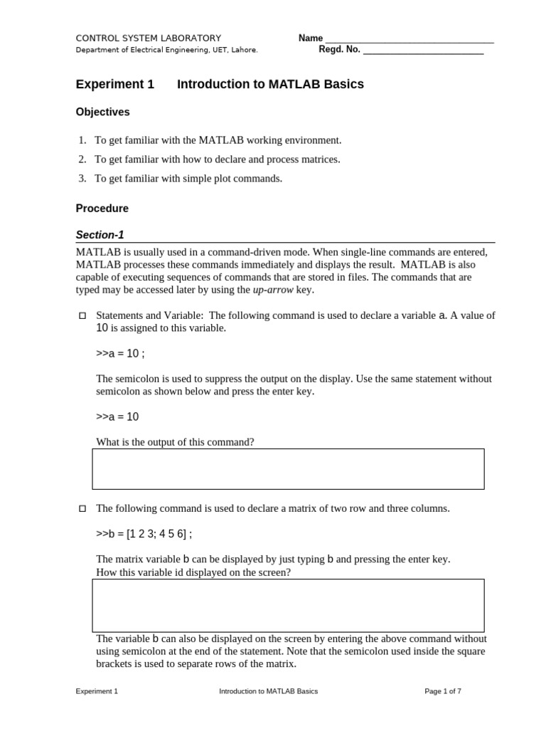 Experiment 1 Introduction To Matlab Basics | PDF | Matrix (Mathematics) | Matlab