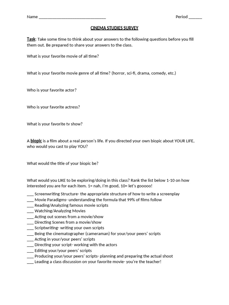 Cinema Studies Survey Questions | PDF