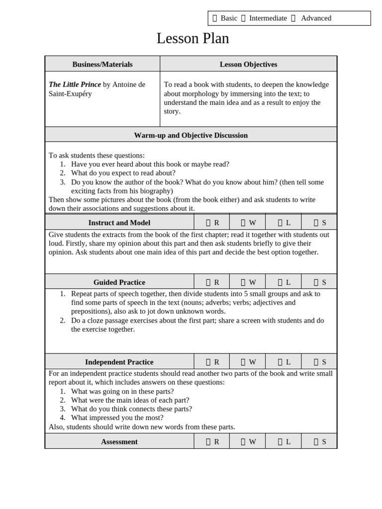 Little Prince Lesson Plan for Students | PDF | Part Of Speech ...