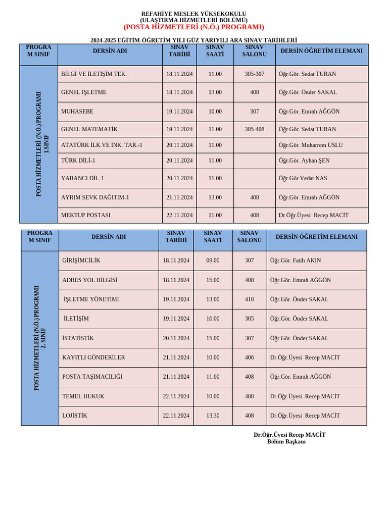 2024 2025 Egitim Ogretim Yili Guz Yariyili Ara Sinav Programi | PDF