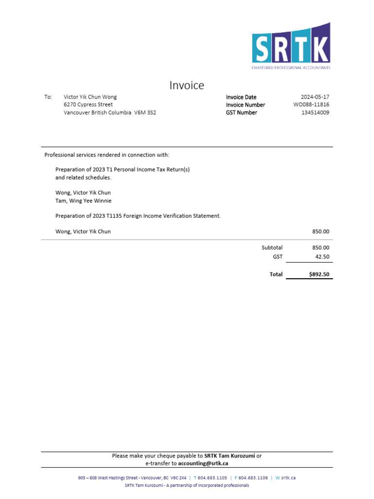 Invoice for 2023 Tax Preparation Services | PDF