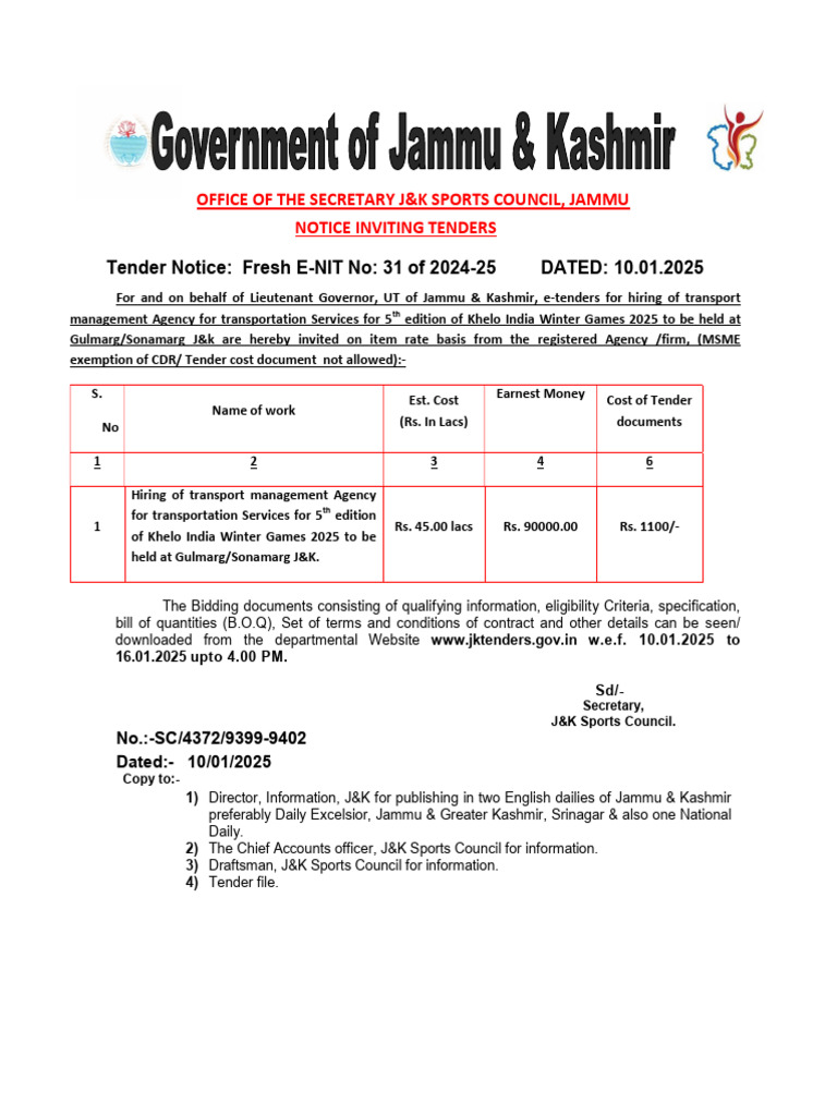 J&K Sports Council Transport Tender 2025 | PDF | Taxes