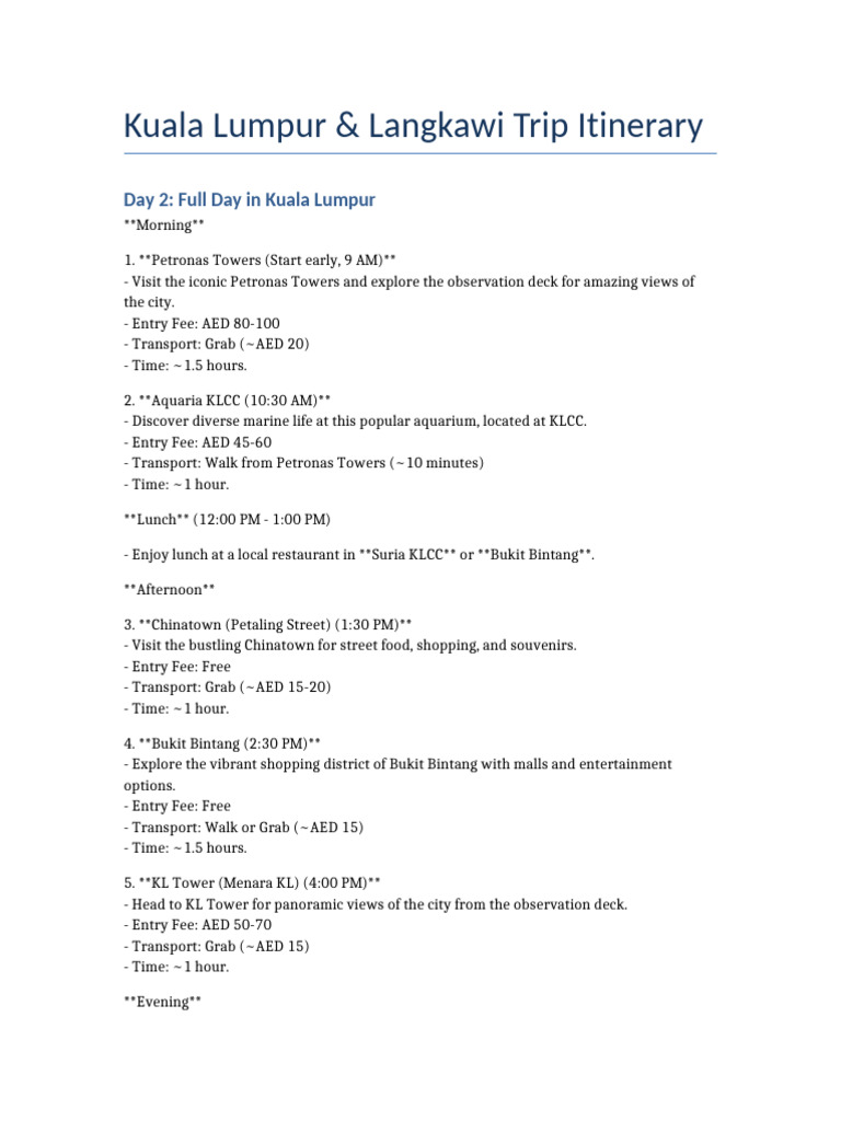Kuala Lumpur Langkawi Itinerary | PDF