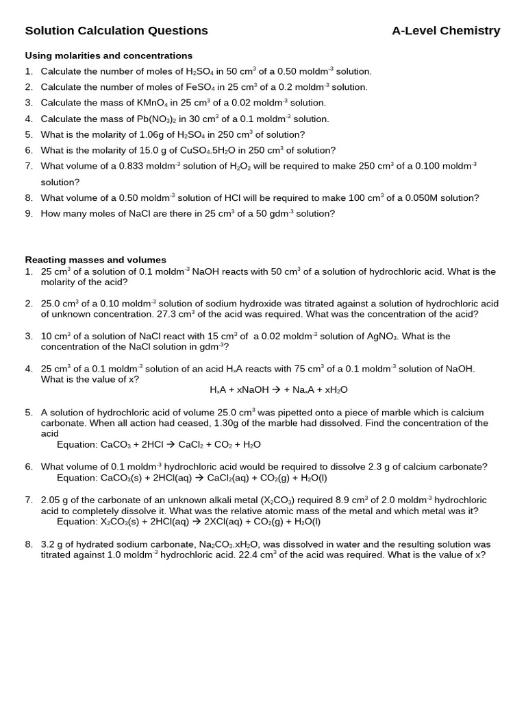 Solution Calculation Questions | PDF | Acid | Molecules