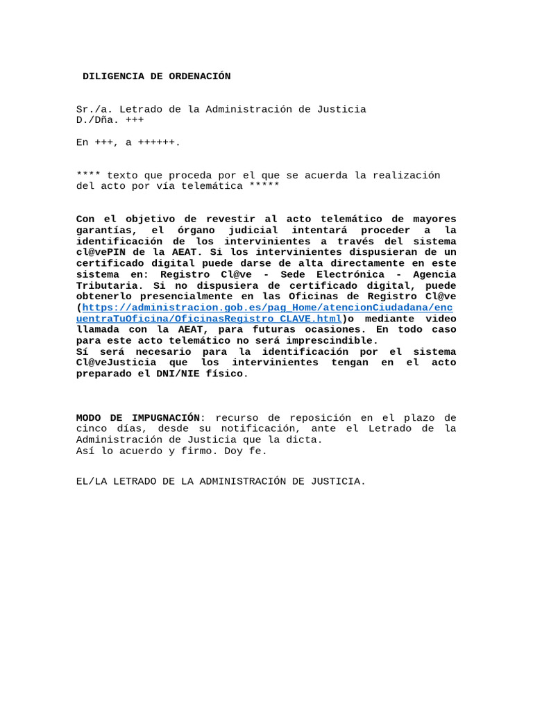 Diligencia de Ordenación Cl@Vejusticia Modelo 2 | PDF