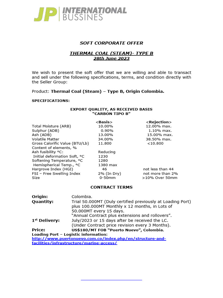 Soft Offer of Thermal Coal - 2023 (FOB) | PDF