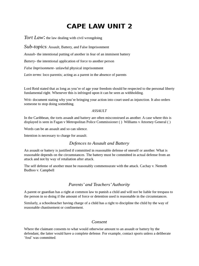 CAPE LAW UNIT 2 | PDF | Assault | Damages