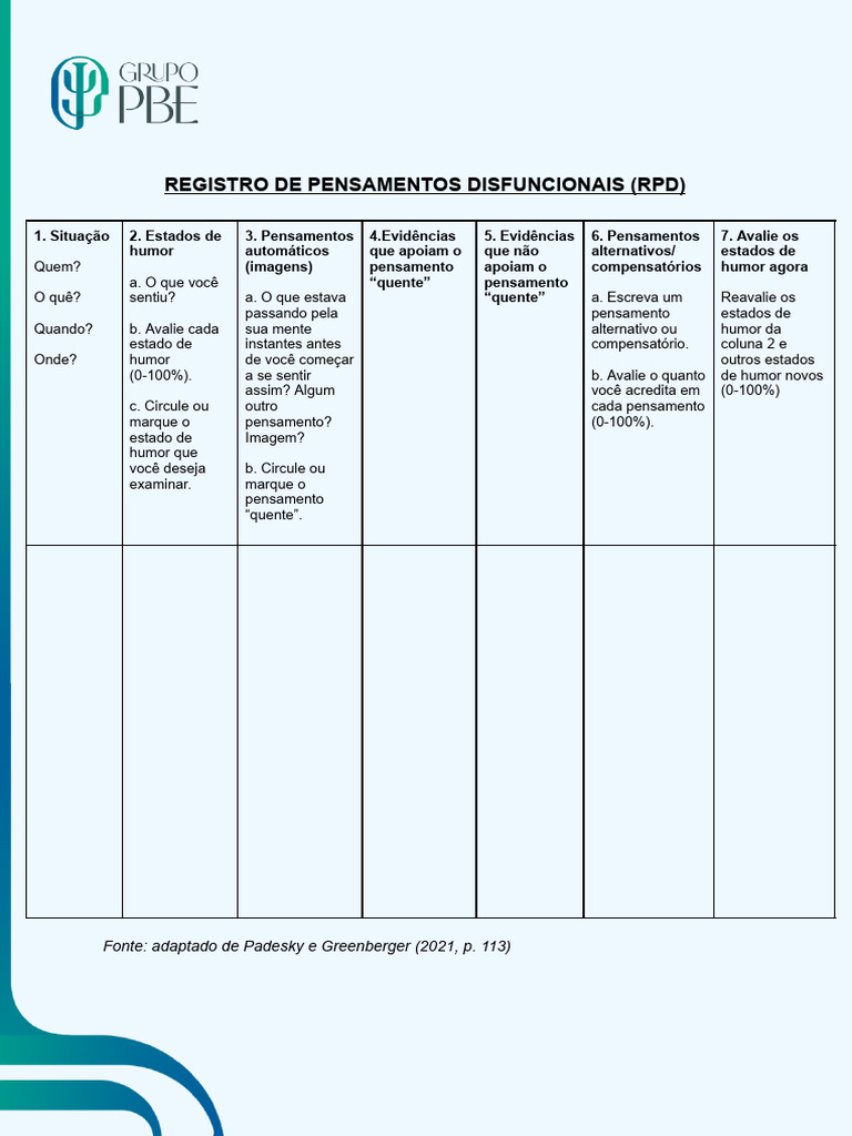Registro de Pensamentos Disfuncionais RPD TCC Leigos Jan2025 | PDF
