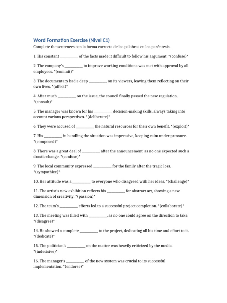 Word Formation Exercise C1 New | PDF