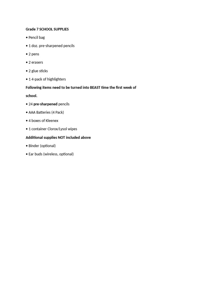 Grade 7 School Supplies | PDF