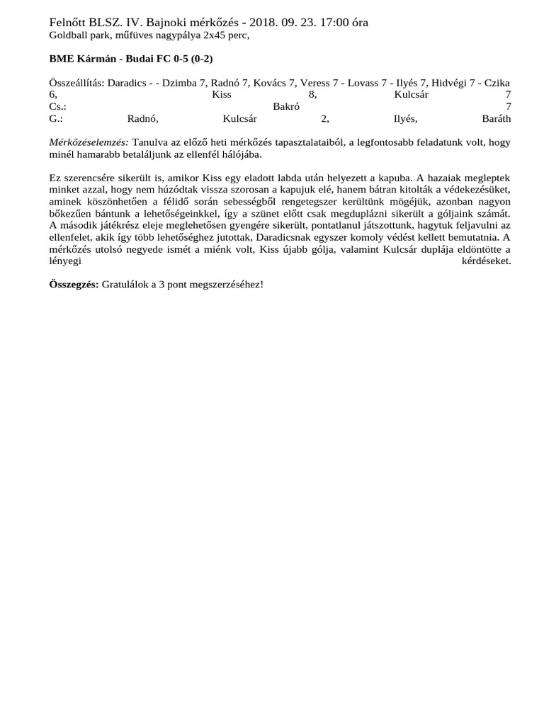 BLSZ. IV. Bajnoki Mérkőzés BME Kármán - Budai FC | PDF