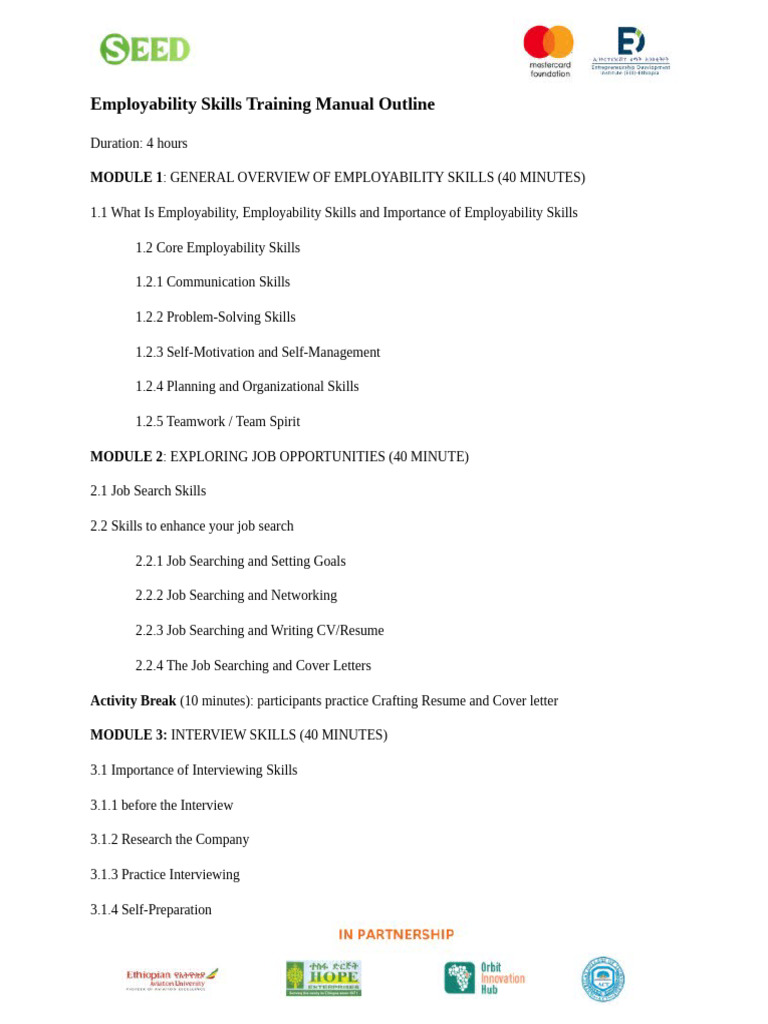 SEED Employability Skills Training Outline | PDF