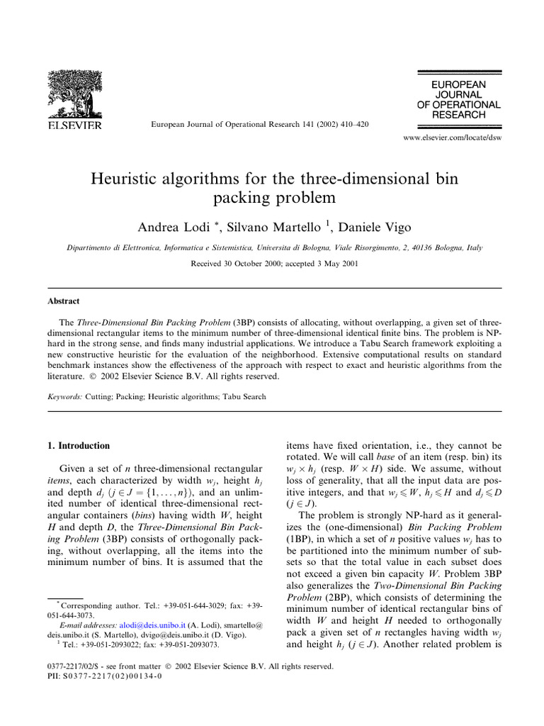 Heuristic Algorithms For The Three Dimen | PDF | Algorithms ...