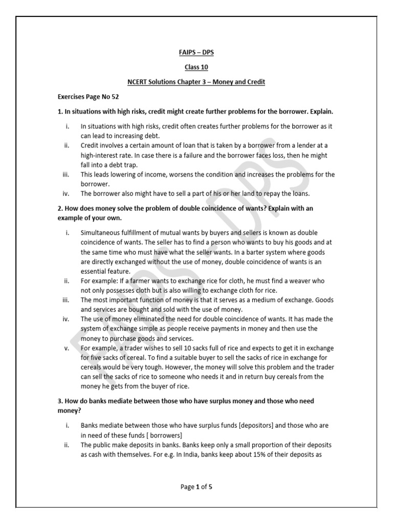2024-25 NCERT CHP End Exercise Solution Chp.3. MOney and Credit | PDF | Loans | Finance & Money ...