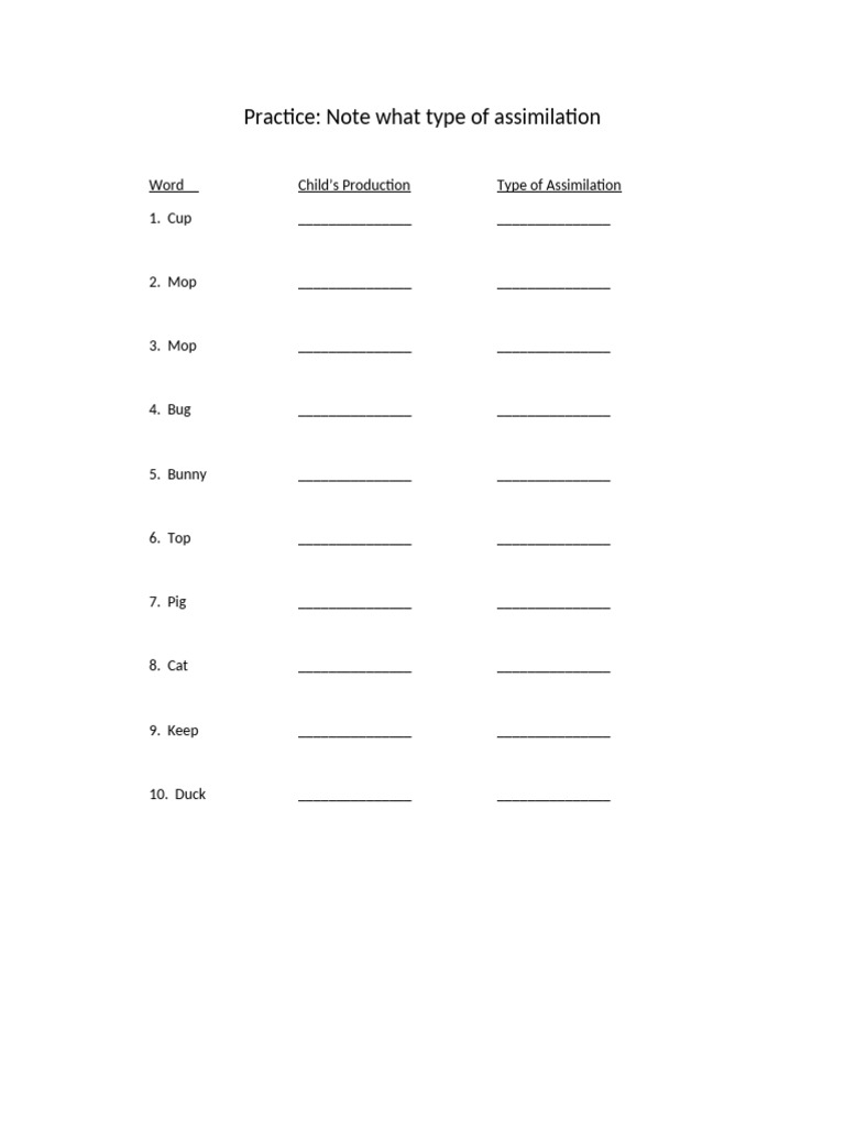 Child Speech Assimilation Practice | PDF