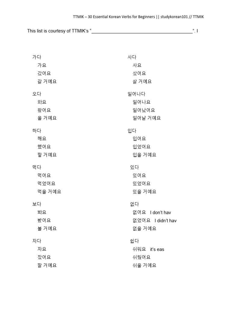30 Essential Korean Verbs For Beginners Ttmik | PDF