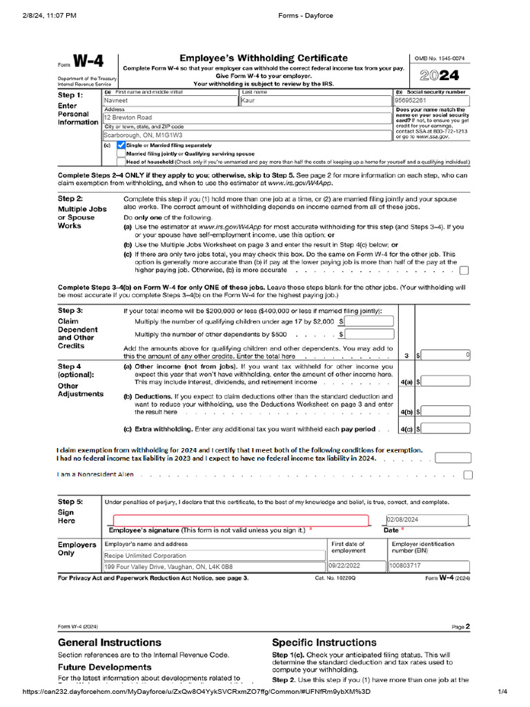 Employee Withholding Certificate | PDF