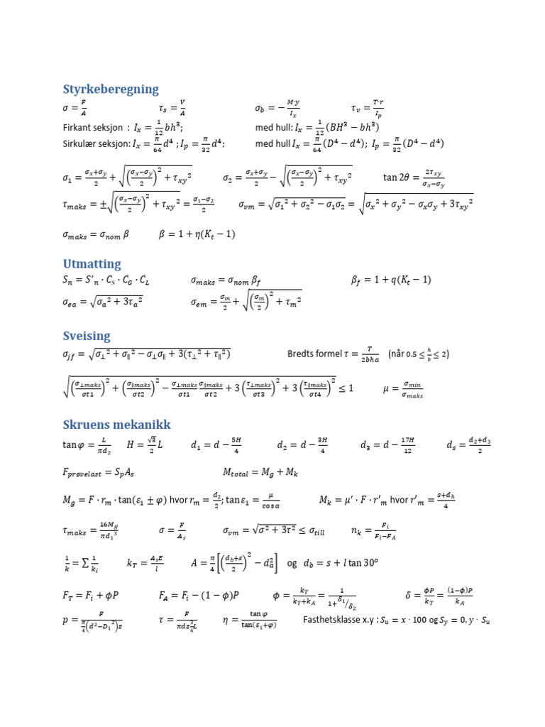 Konstruksjonselementer Formelark | PDF