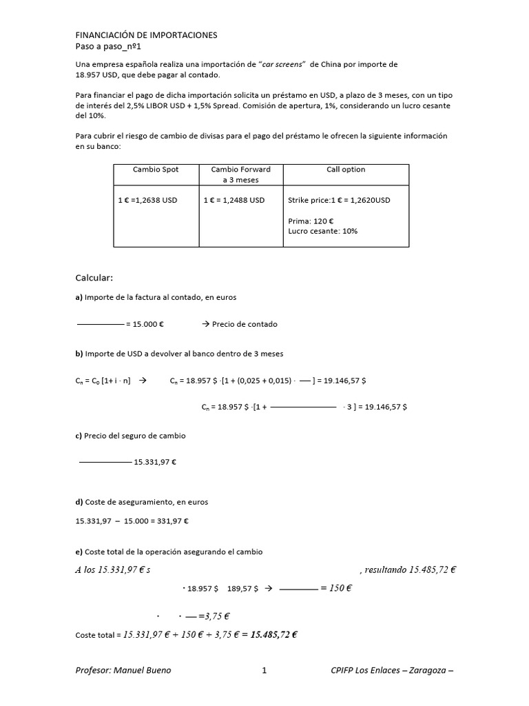 FI- EJERCICIO TEMA 3. Caso Import_paso a paso_SOL | PDF | Servicios financieros | Bancario
