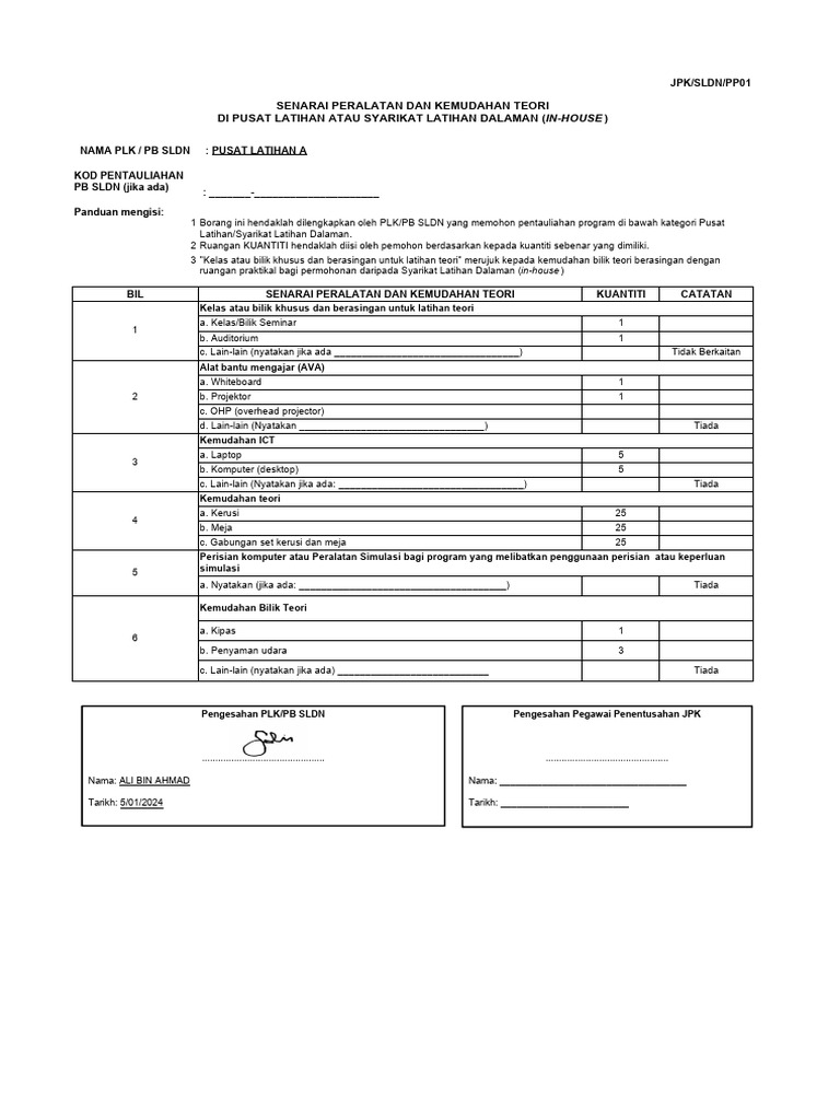 Jpk-sldn-pp01 - Senarai Peralatan Dan Kemudahan Teori | PDF