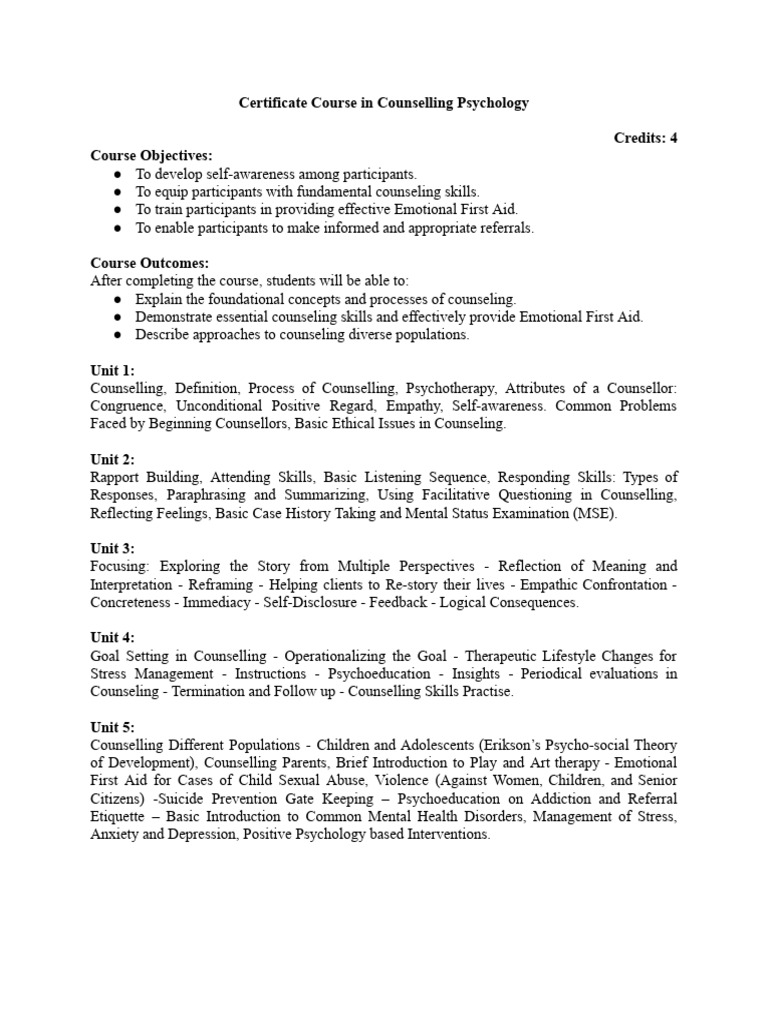 Certificate Course in Counselling Skills | PDF | Psychotherapy | Mental ...