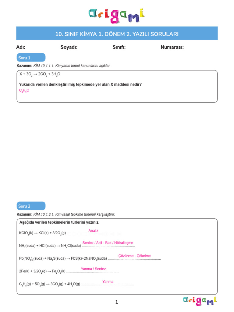 10_SINIF_I_DONEM_2_YAZILI_KIMYA_Cevapli | PDF