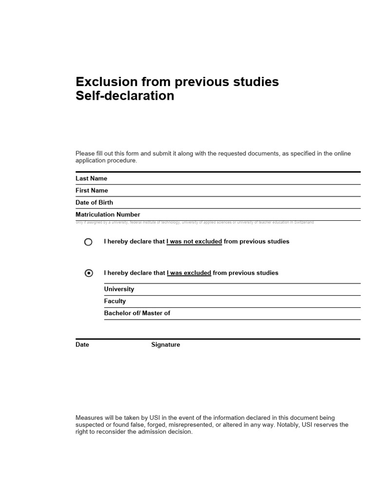 Exclusion Declaration Form for Admission | PDF