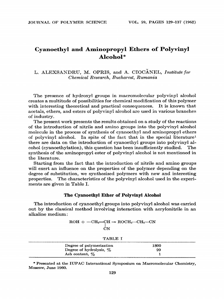 Cyanoethyl and Aminopropyl Ethers of PVA | PDF | Solubility | Catalysis
