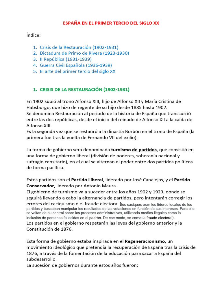 España en El Primer Tercio Del Siglo XX | PDF | guerra civil Española ...