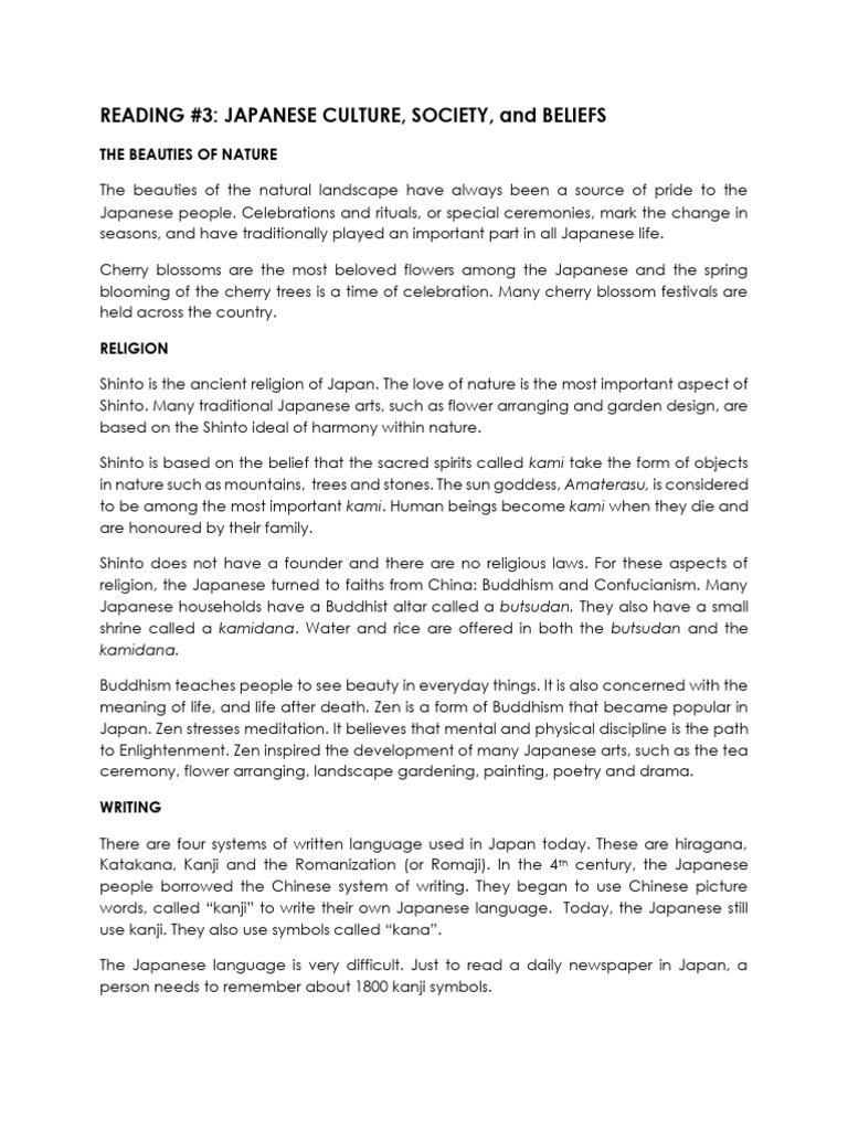 READING #3_ JAPANESE CULTURE, SOCIETY, and BELIEFS SHARABLE | PDF ...