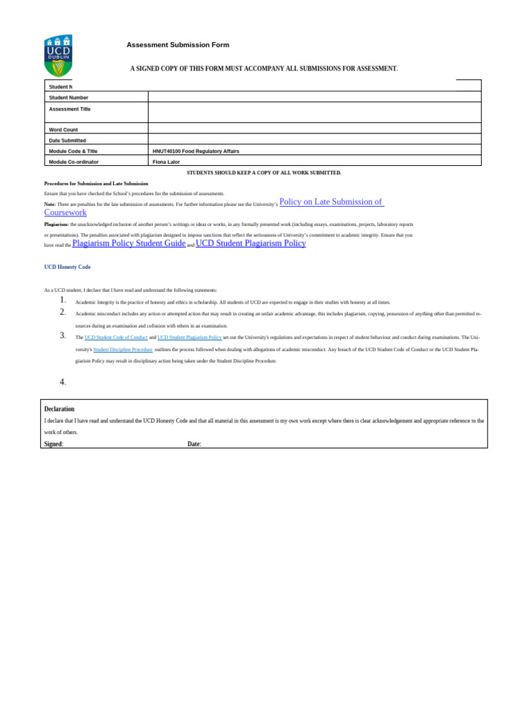 HNUT40100 Assignment Submission Form - 2023 | PDF | Plagiarism ...