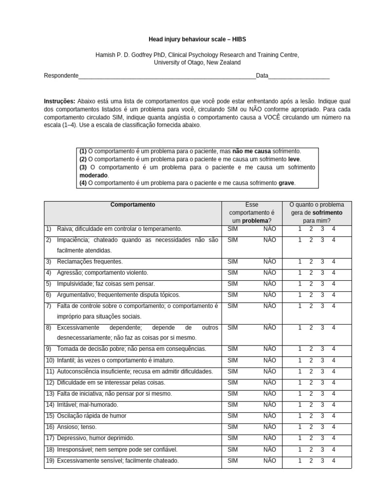 Head Injury Behaviour Scale - Paciente | PDF | Psicologia | Conceitos ...