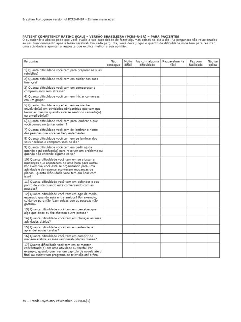 Patient Competency Rating Scal Versão Brasileira (PCRS-R-BR) 11 | PDF