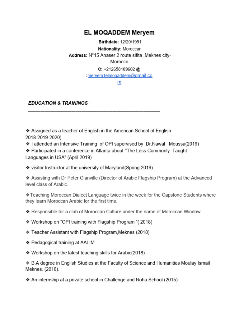 EL MOQADDEM Meryem - Resume | PDF | Linguistics | Arabic