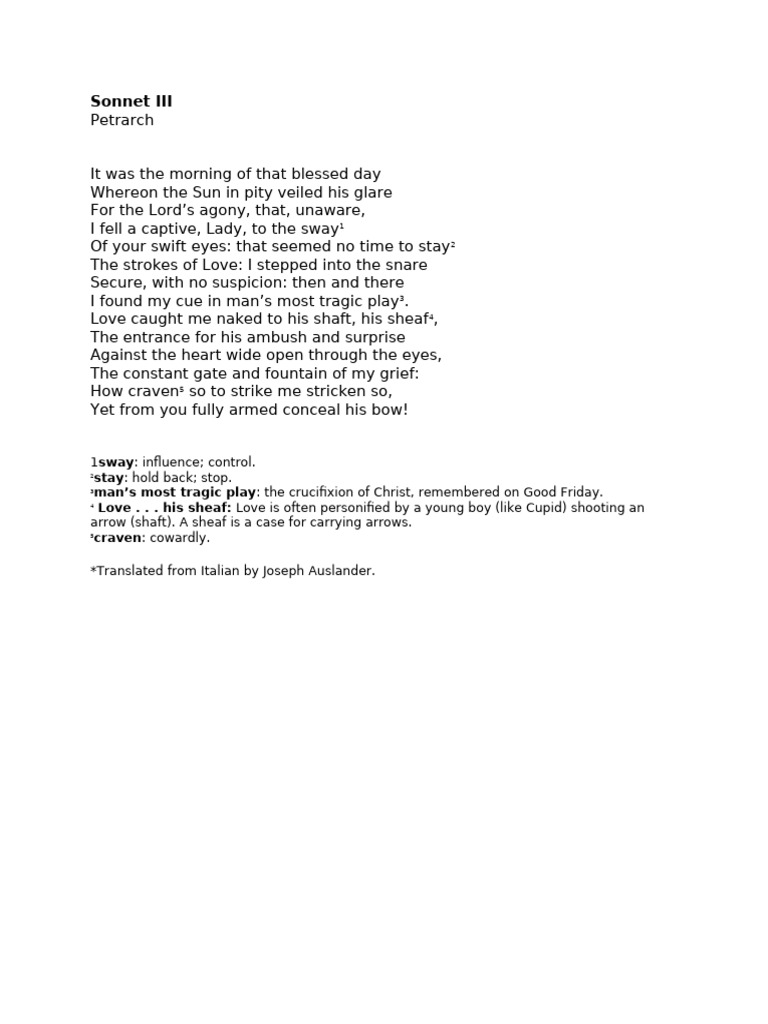 Petrarch's Sonnet III Analysis | PDF