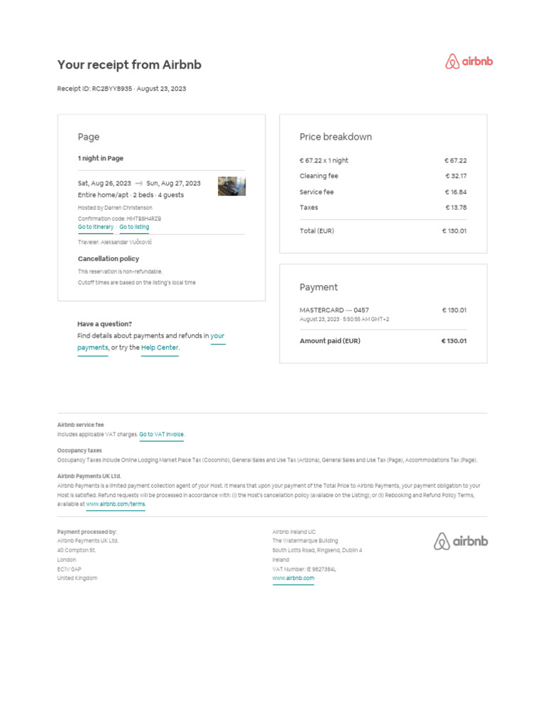 Page, AZ Airbnb Receipt - 230822 - 221811 | PDF | Receipt | Value Added Tax