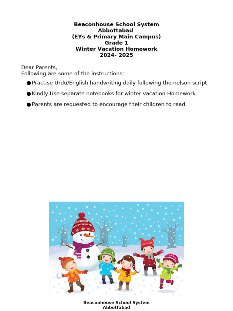 Winter Vacation Homework 2024-25 Grade1 | PDF | Linguistics
