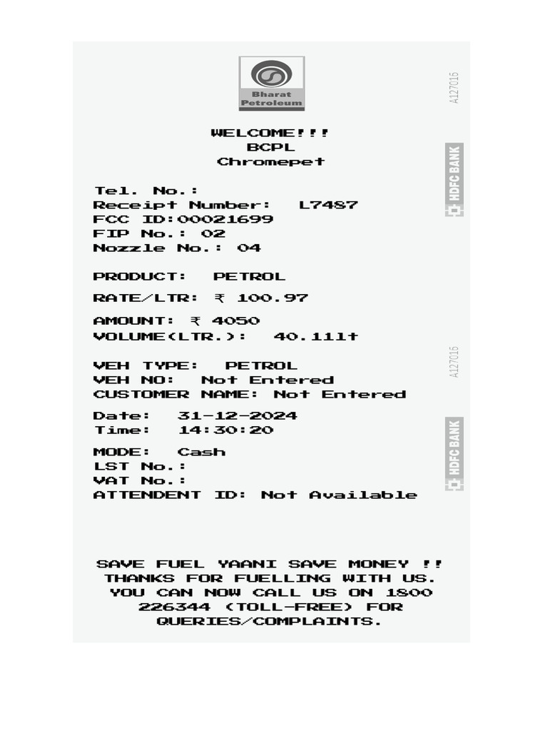 Petrol Receipt for Cash Payment | PDF