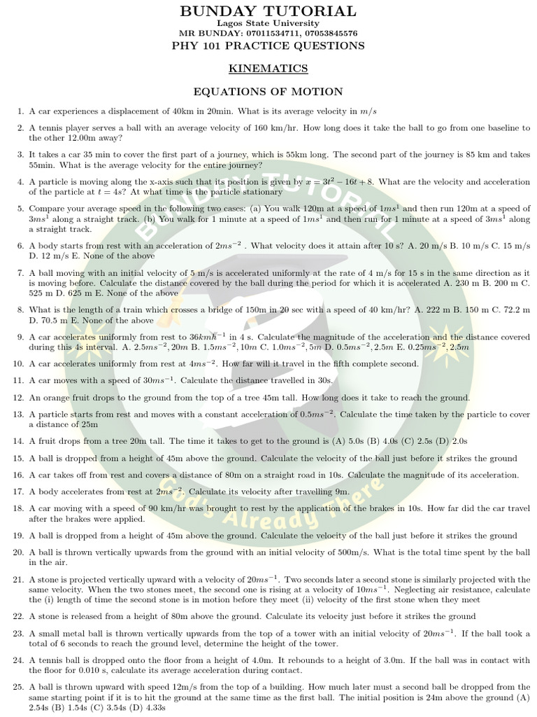 PHY 101 Kinematics Practice Questions | PDF | Acceleration | Speed