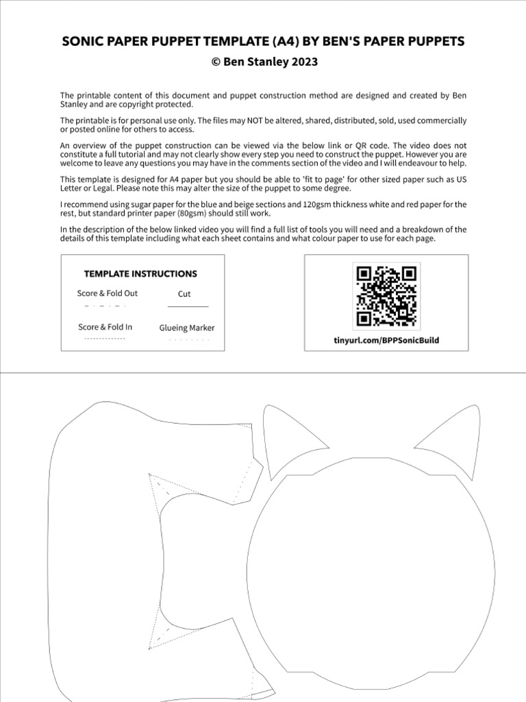 Ben's Paper Puppets - Sonic Paper Puppet Template © Ben Stanley 2023 | PDF