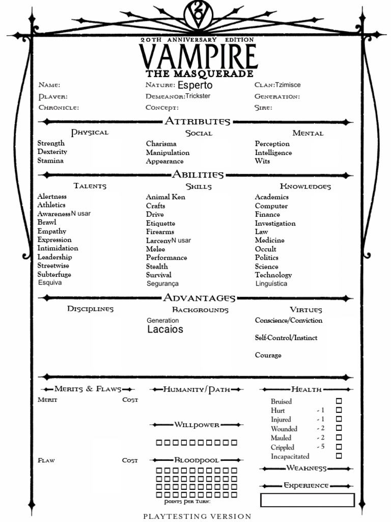 Vampire V20-Playtest 1-Page Editable | PDF | Role Playing Games ...