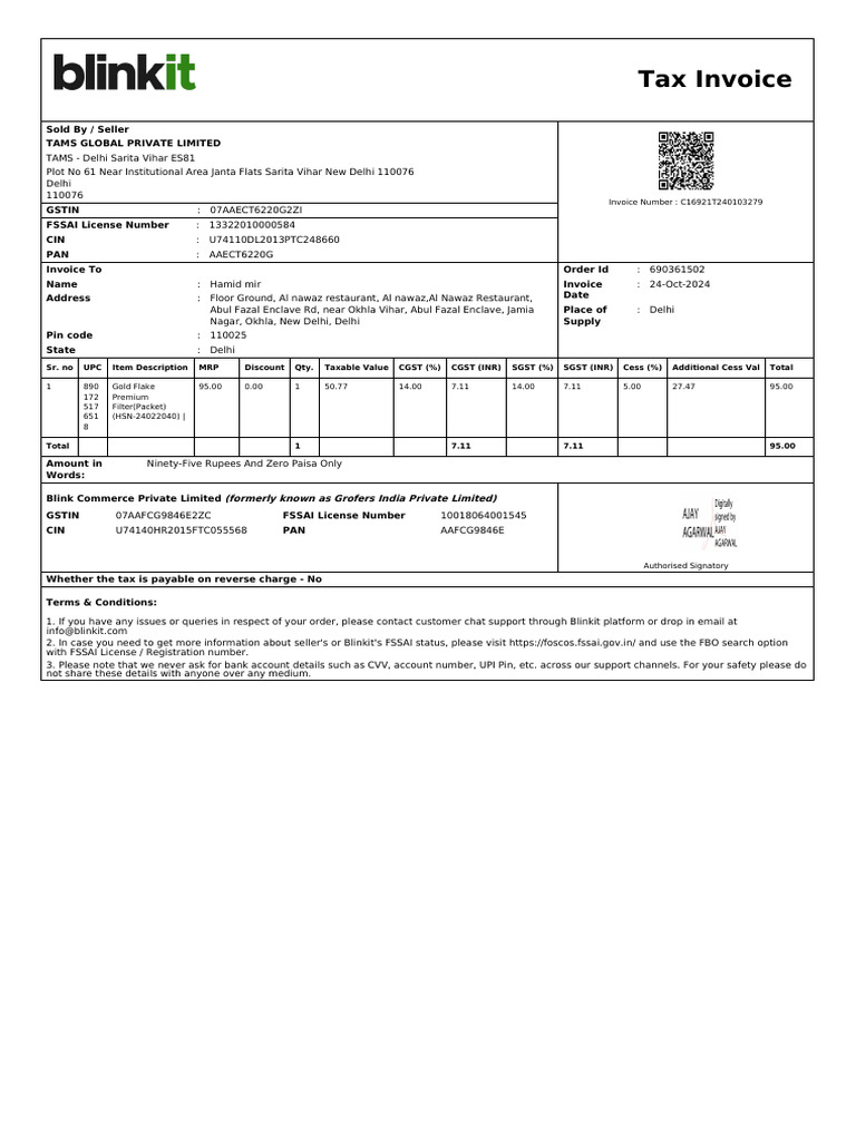 Tax Invoices from TAMS & Blinkit | PDF