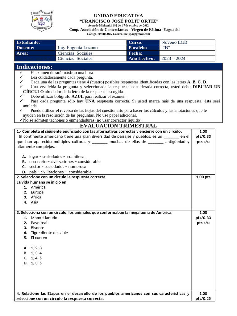 Examen 9no 2do Trimestre Sociales | PDF | Antropología cultural
