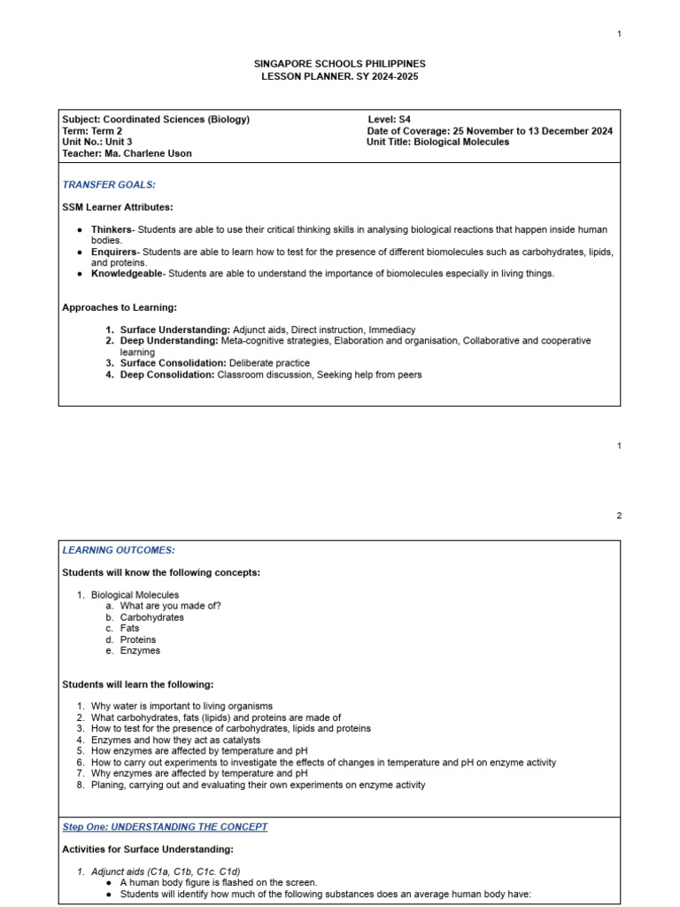 Singapore Schools Biology Lesson Plan | PDF | Enzyme | Active Site