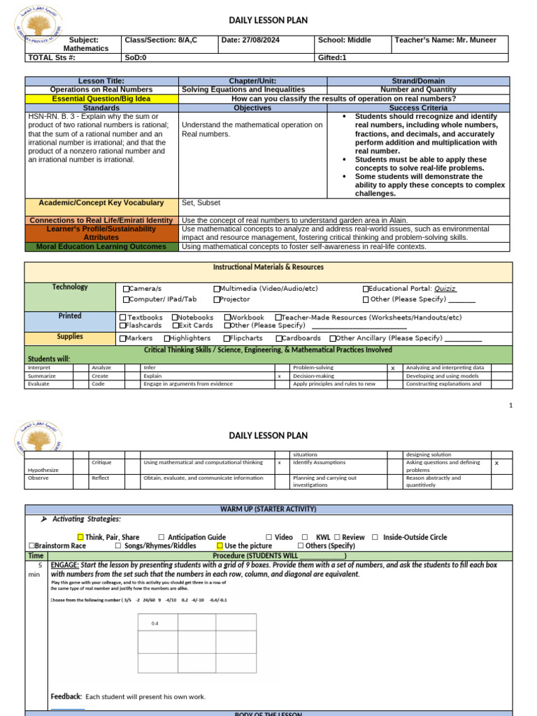 Gr8_LP_week1_term1 | PDF | Lesson Plan | Classroom Management
