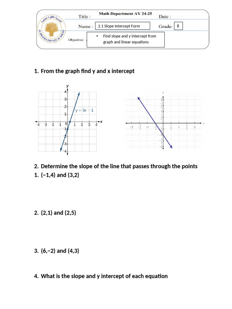 Find Slope and Intercepts from Graphs | PDF